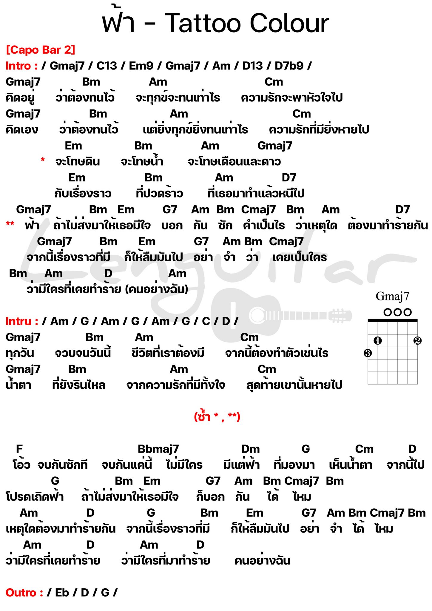 คอร์ดเพลง ฟ้า - Tattoo Colour - Lenguitar